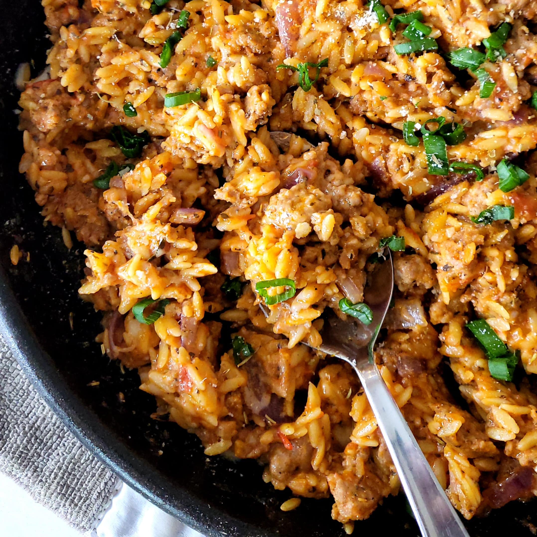 One Pan Italian Sausage and Orzo - Kalie Stephan